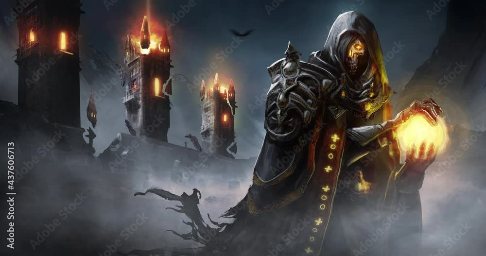 The sinister skeleton lich forms a sphere of fire in his hands, his ...