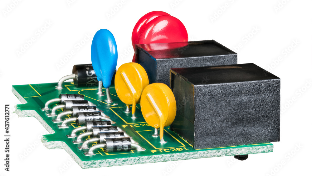 Electronic components on green circuit board isolated on white ...