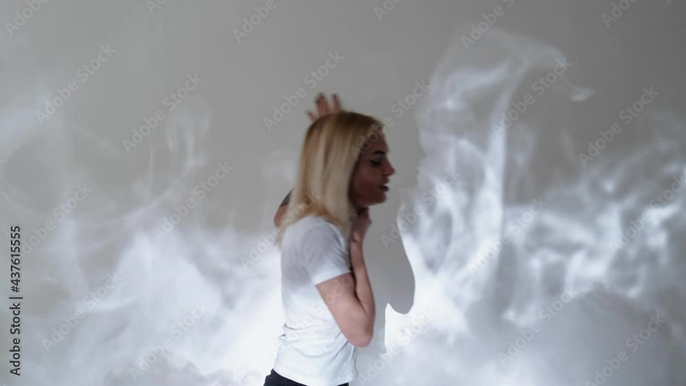 Asphyxiated woman. Air pollution. Desperate panic. Ecology problem ...