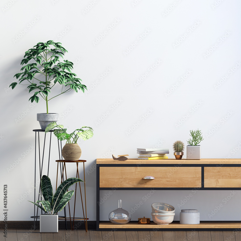 Modern interior with rack and plant.Wall mock up. 3d illustration Stock ...