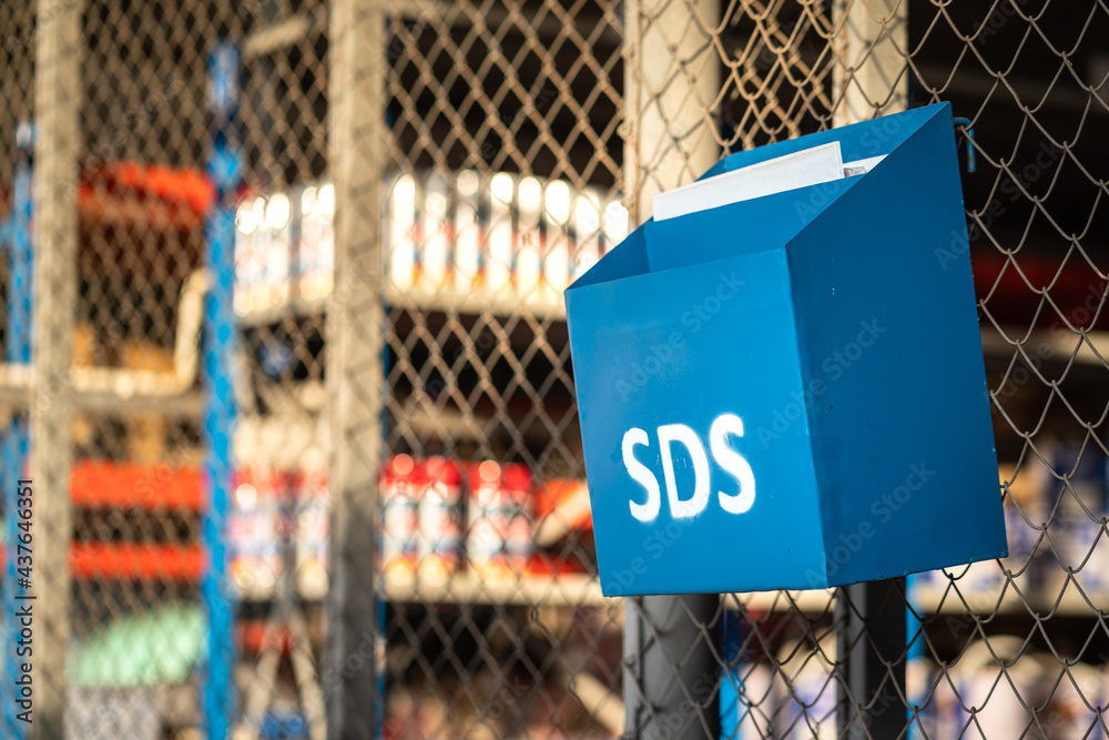 "SDS" (safety data sheet) container box which is installed in front of ...