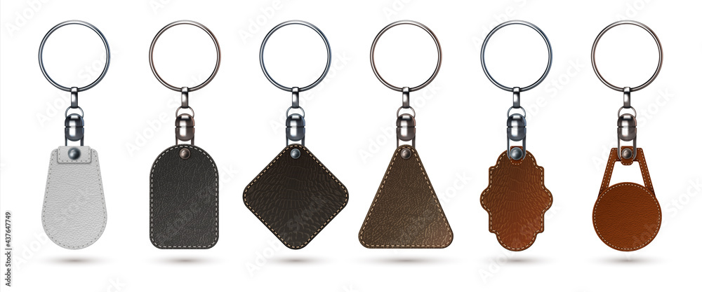 Key holder. Realistic keychain ring with faux calf leather tags ...