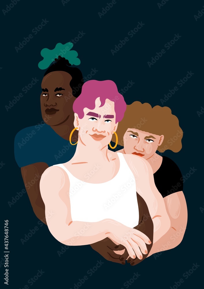 Polyamorous throuple, hugging each other Stock Illustration | Adobe Stock