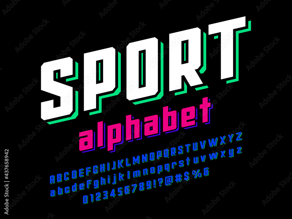 sports style alphabet design with uppercase, lowercase, numbers and ...