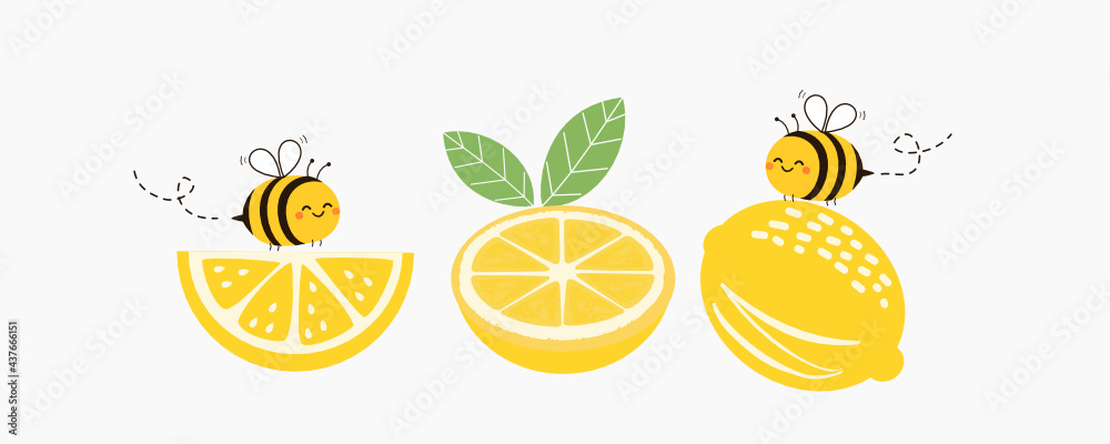 Lemon icons set with cute bee cartoon isolated on white background ...