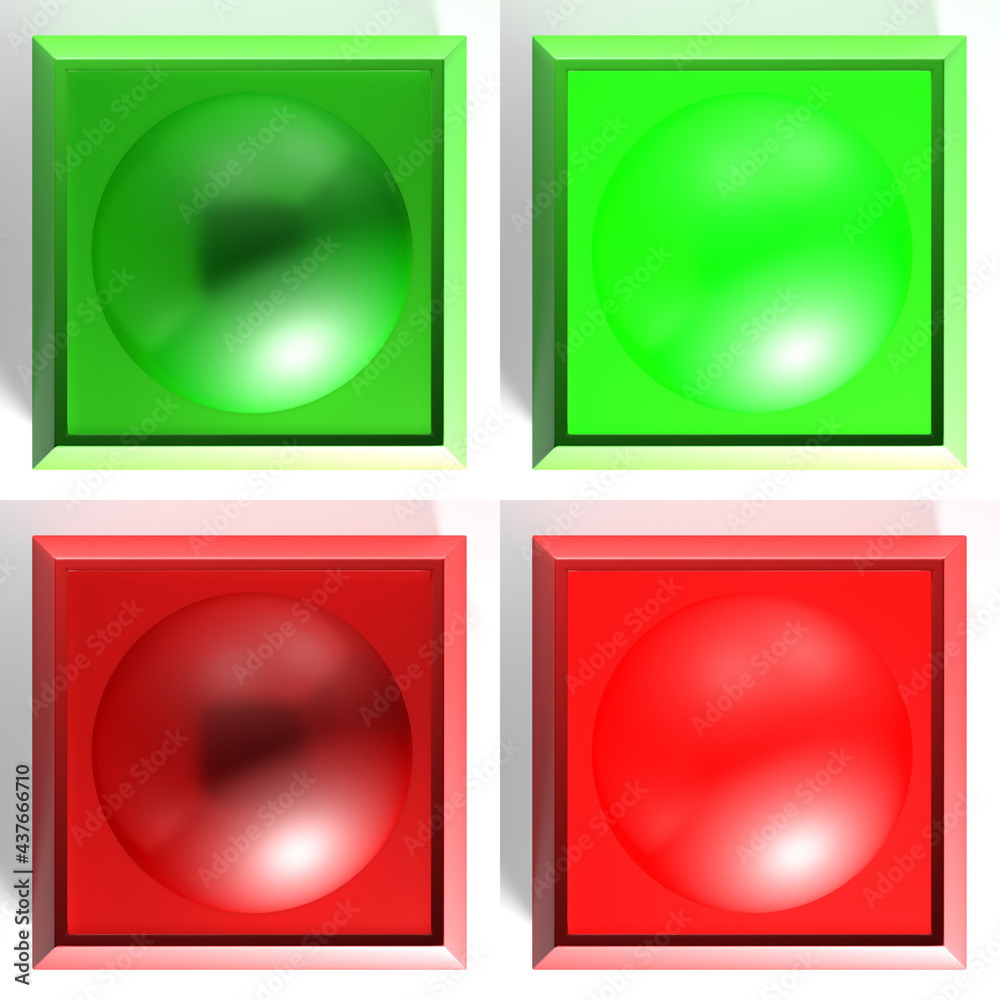 Set of checkboxes with red and green light, on and off - 3D rendering ...