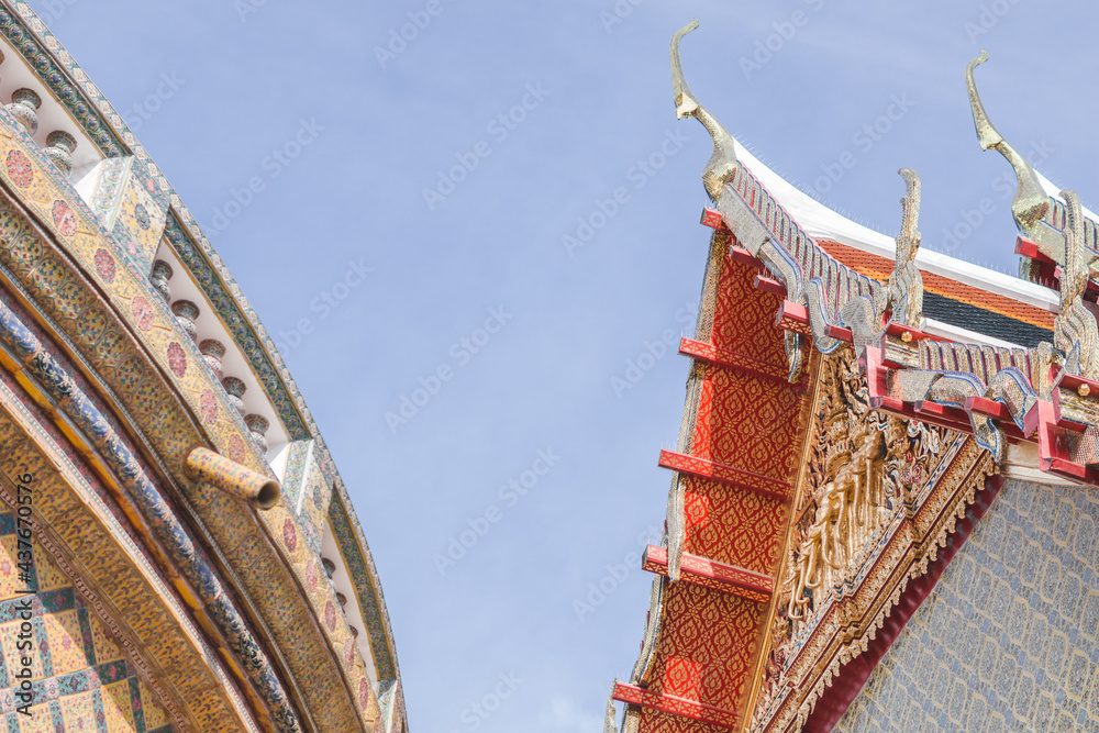 Gable apex on the Buddhist temple with blue sky, gable apex at the top ...