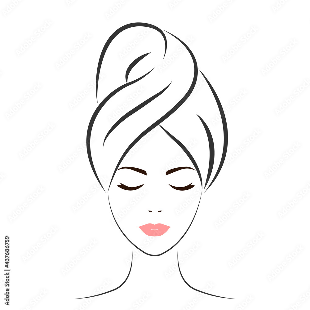 A young woman wearing a towel on her head. Hand drawn portrait of a ...
