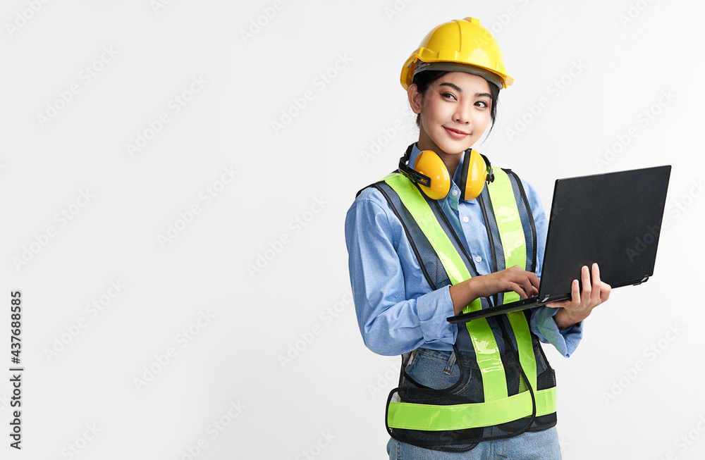 beautiful young asian woman engineer and safety helmet on white ...