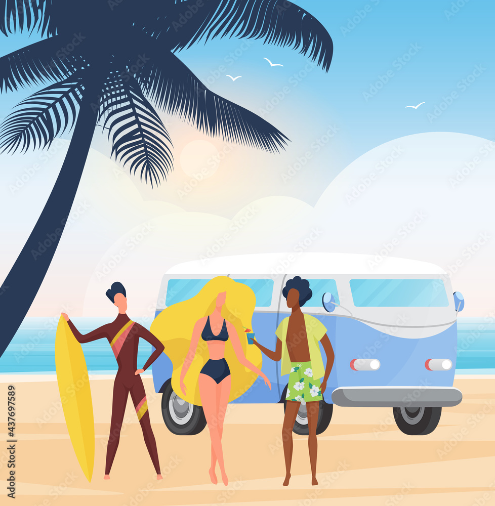 Surfer people with surfboards on summer sea beach party, surf extreme ...