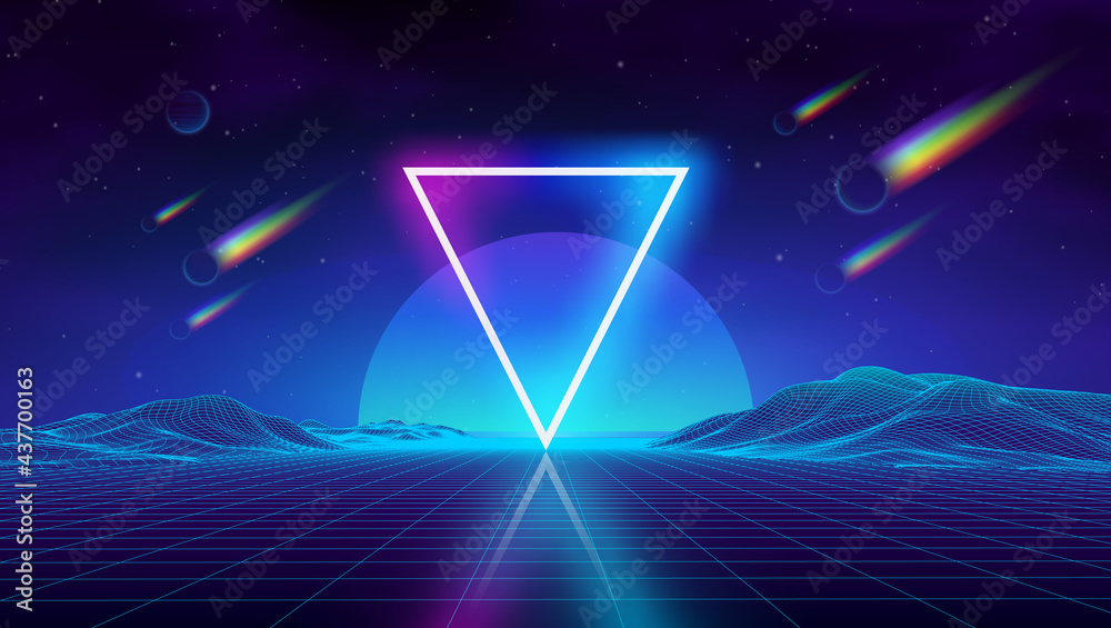 Synth wave retro city landscape background sunset 3d landscape with ...