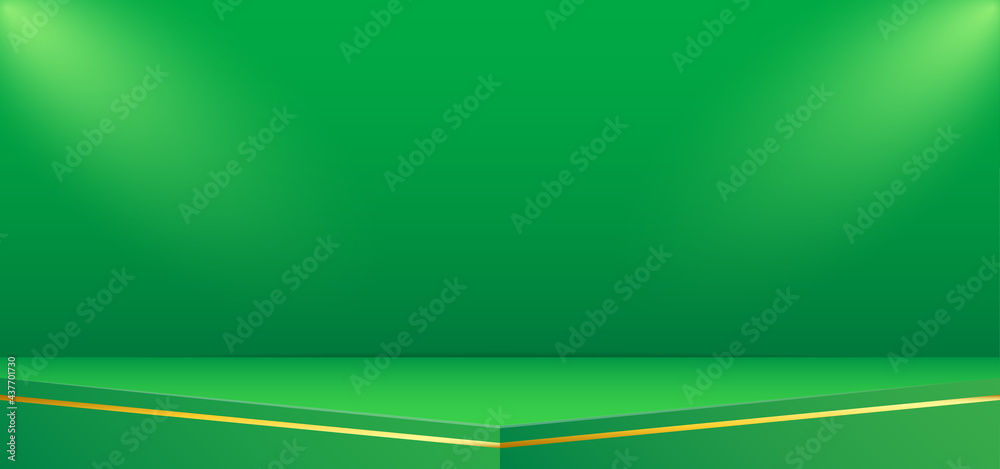 Vector illustration of green stage background with golden line ornament ...