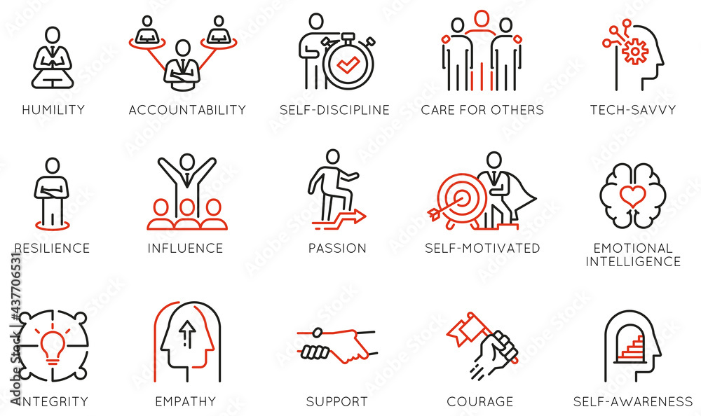 Vector Set of Linear Icons Related to Leadership Traits, Qualities for ...