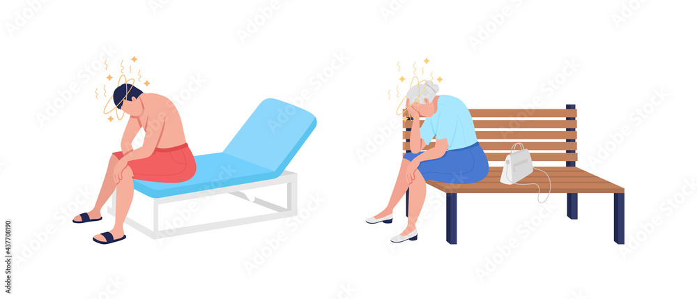 Heatstroke semi flat color vector characters set. Figures with ...