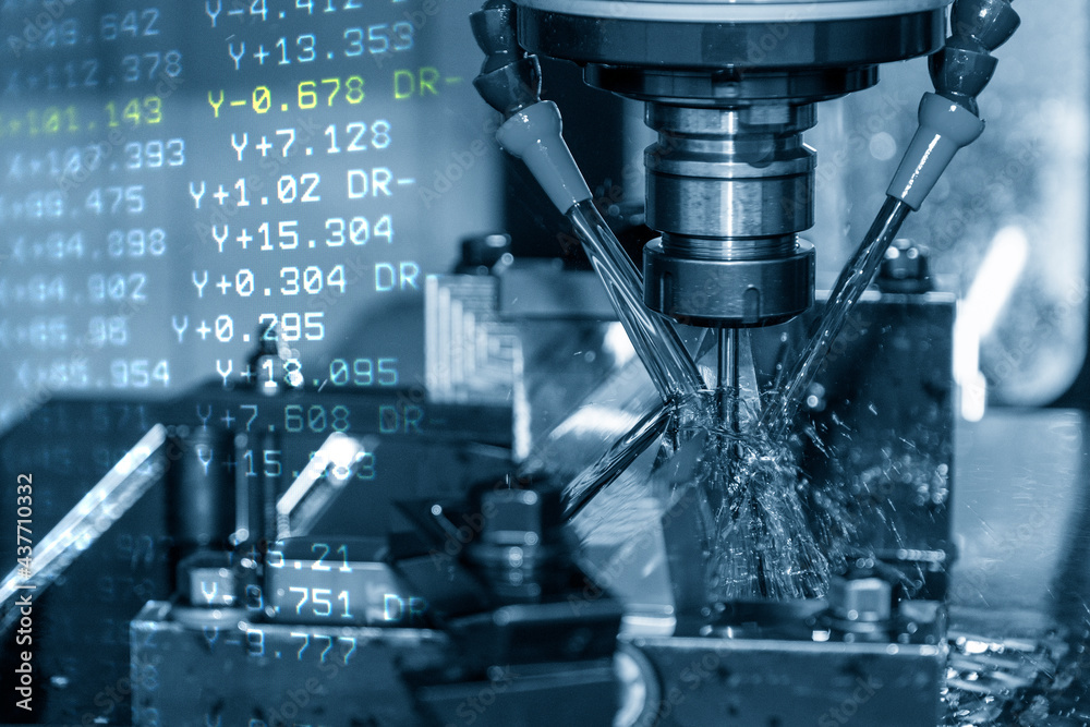 The abstract scene CNC milling machine cutting the mold parts with G ...