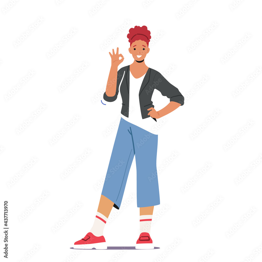 Happy Female Character Show Ok Symbol, Woman Show Positive Gesture ...