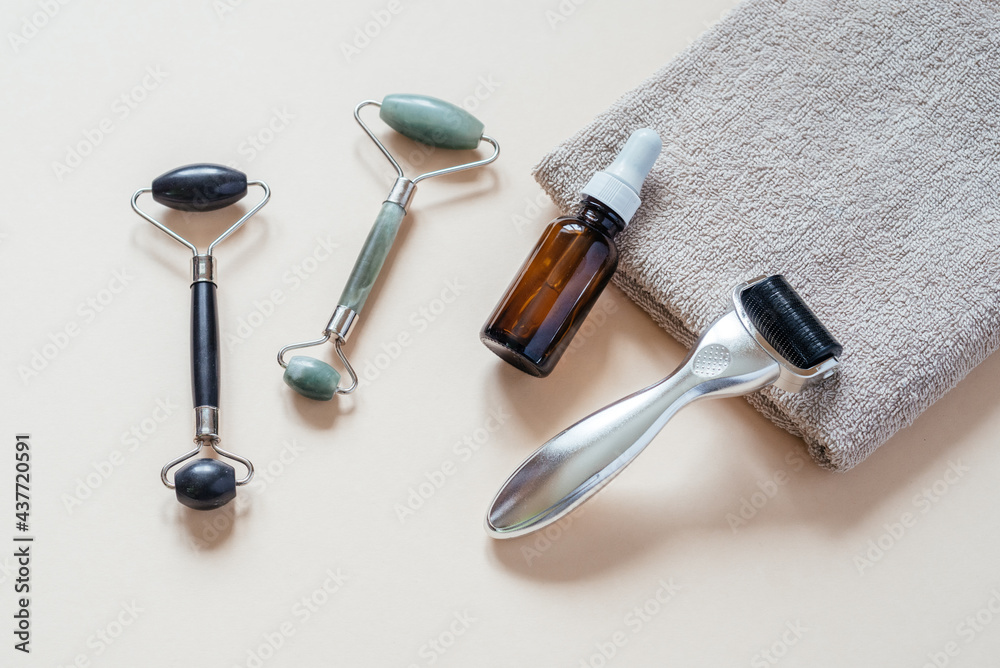Derma roller, jade guasha massage rollers and serum bottle, home ...