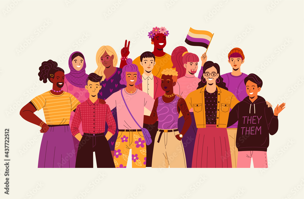 Group of non-binary people. Vector illustration in yellow-purple colors ...
