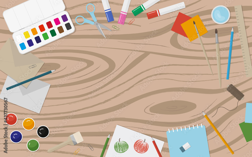 Cartoon school background. Art classes desk. Wood texture with various ...