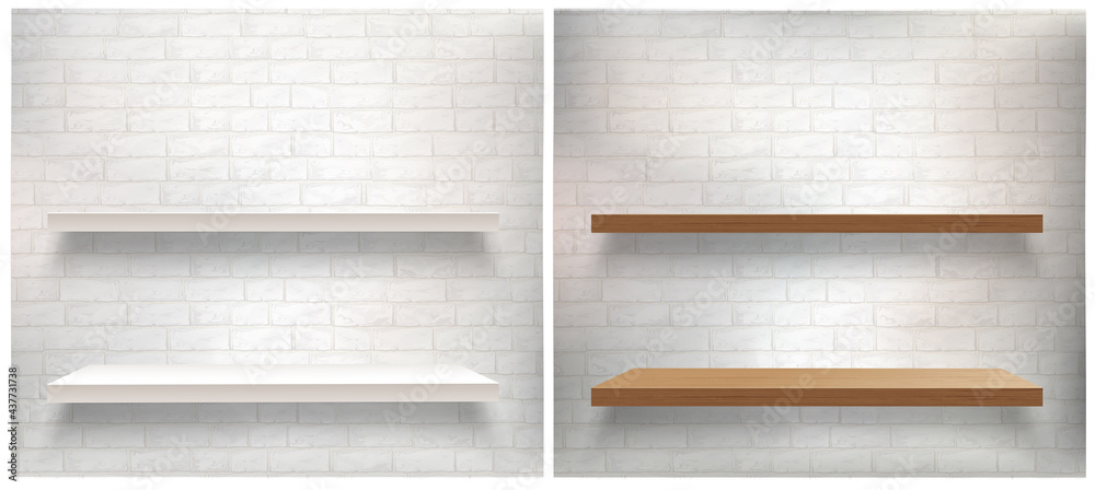 Vector collection of empty shelves. Vector mockup with white and brown ...