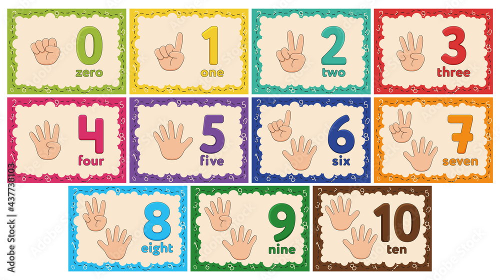 Kids Learning Numbers Flashcards. Finger counting. Zero to Ten. Stock ...
