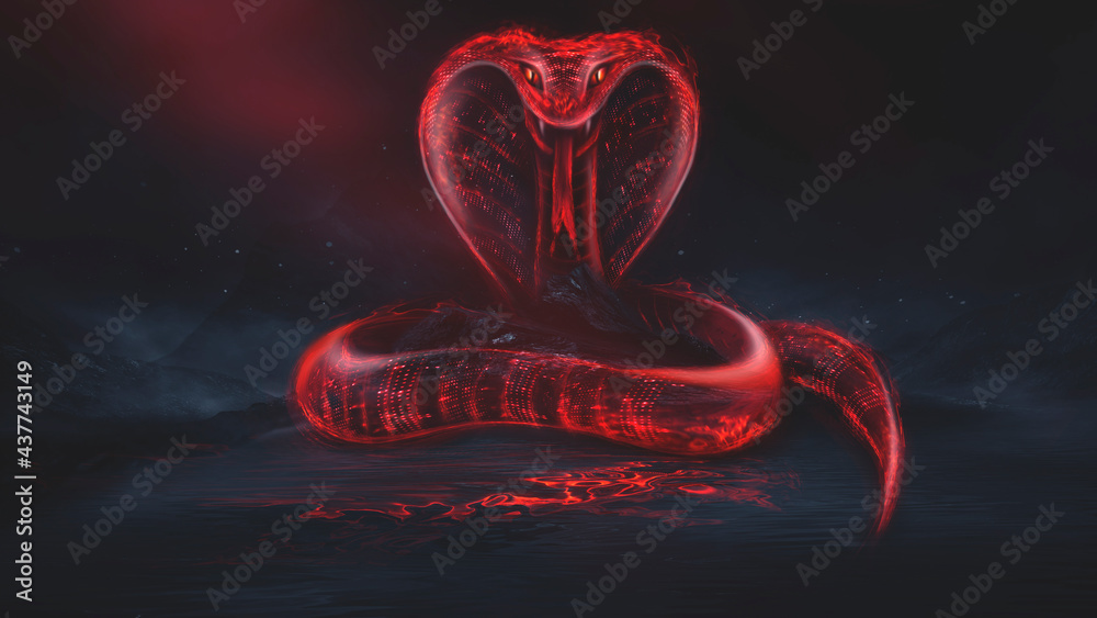 Mystical snake, red neon light. Dark fantastic landscape, night view ...