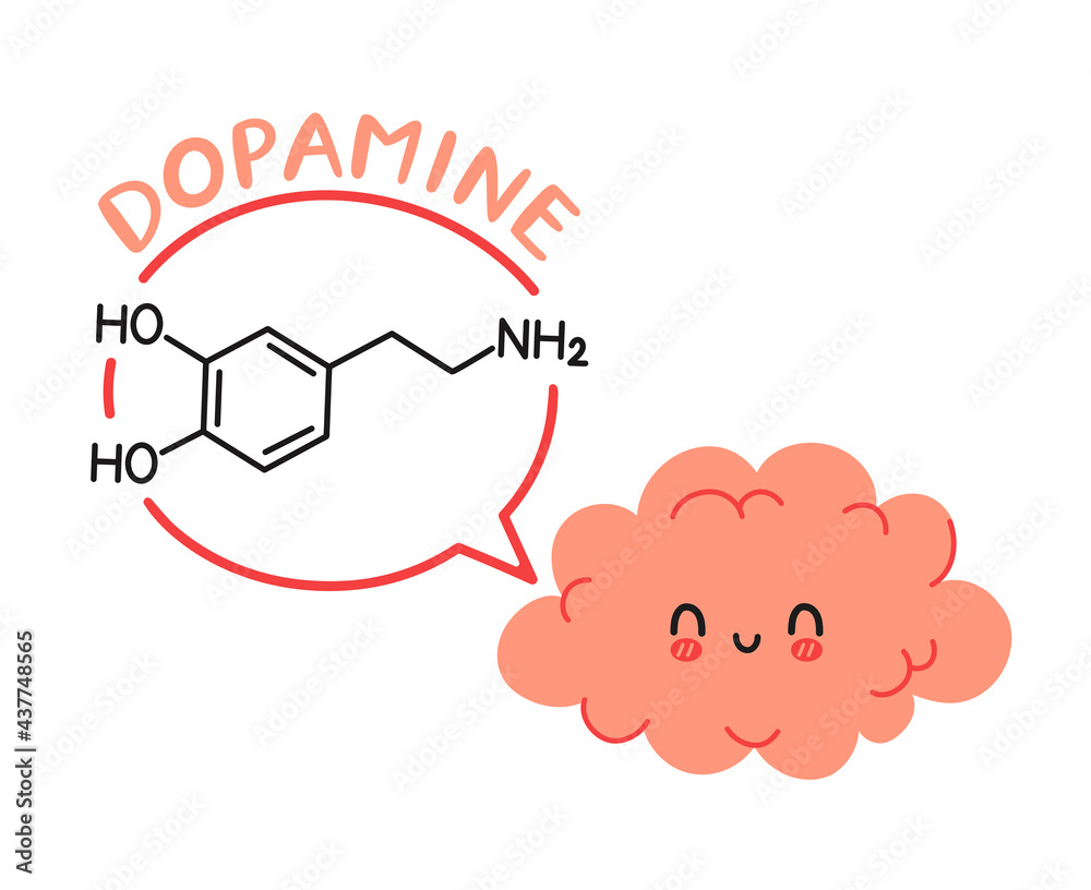 Cute funny human brain organ character and dopamine formula in speech ...