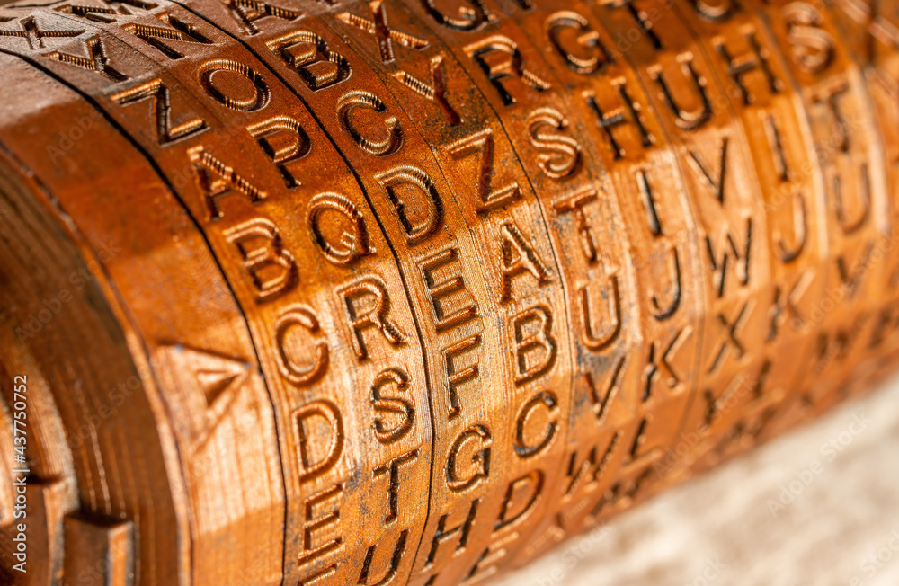 Close-up of brass cryptex invented by Leonardo da Vinci from the book ...