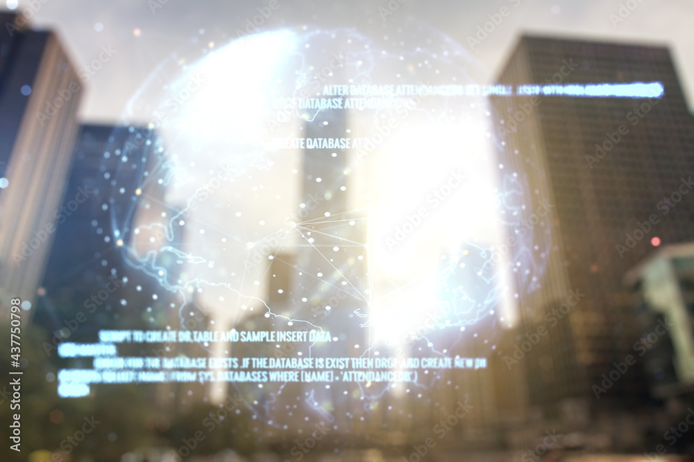 Abstract virtual coding concept and world map hologram on office ...