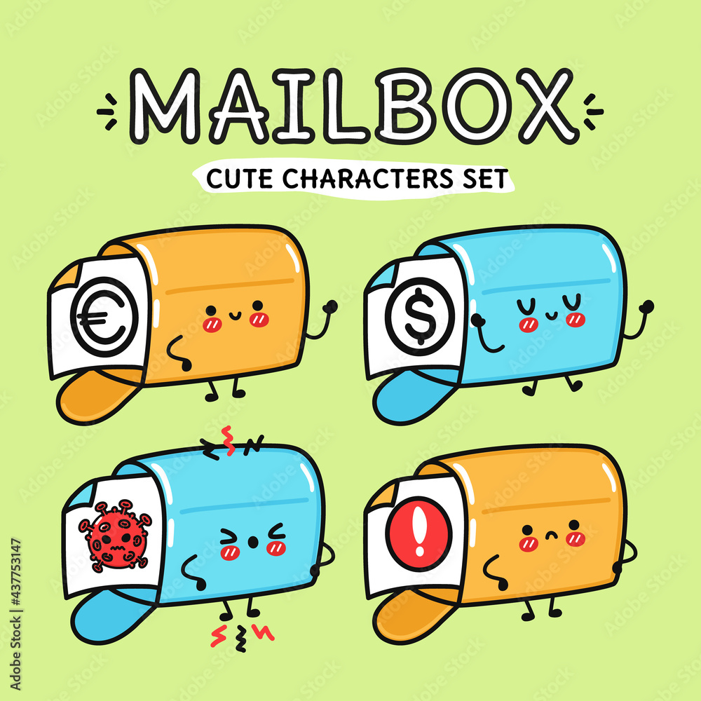 Funny cute happy mailbox characters bundle set. Vector kawaii line ...