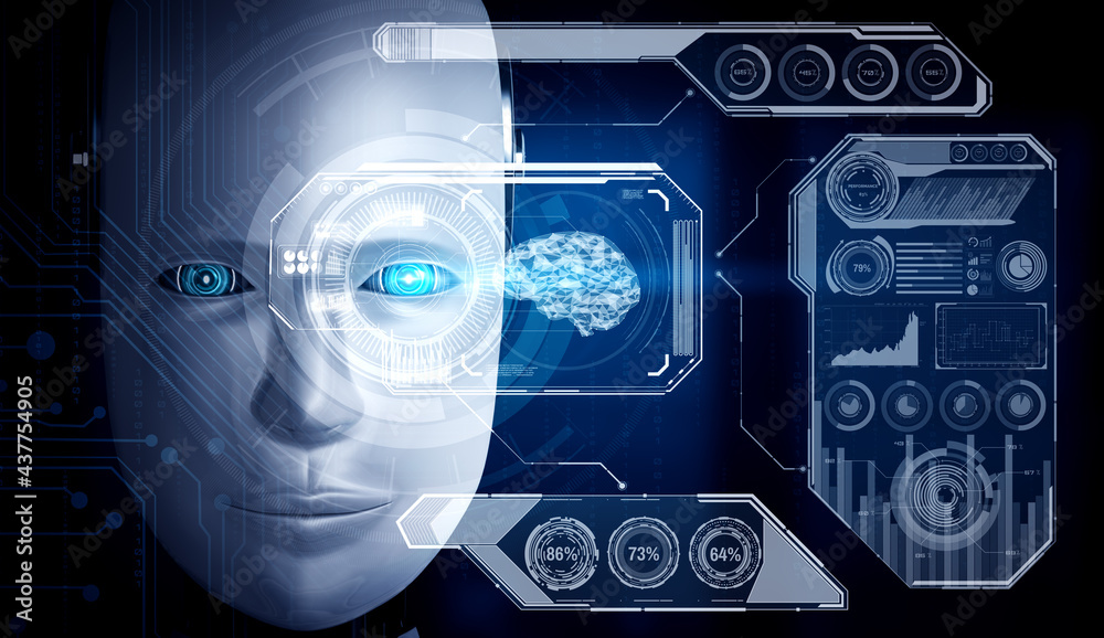 Robot humanoid face close up with graphic concept of big data analytic ...