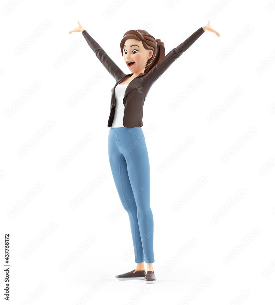 3d cartoon woman with very happy pose Stock Illustration | Adobe Stock