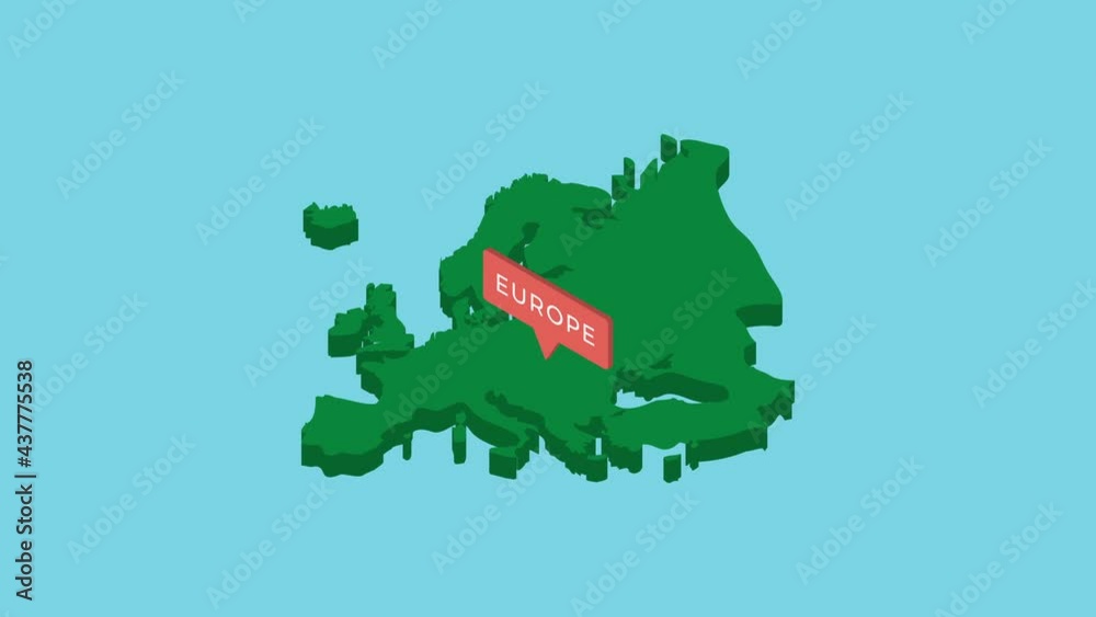 Europe continent green isometric map with orange pointer on a blue ...