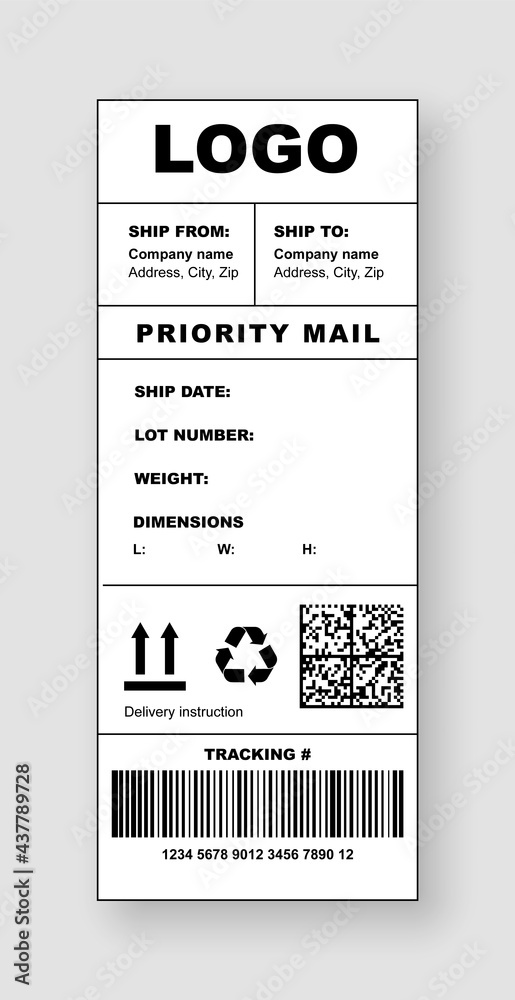 Cargo shipment label sticker template with barcode mockup. Realistic ...