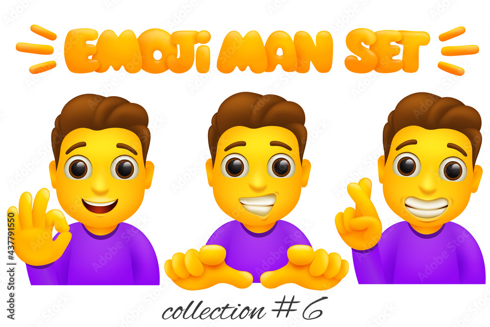 Set of emoji man characters. Cartoon style emoticon collection. Ok, hey ...