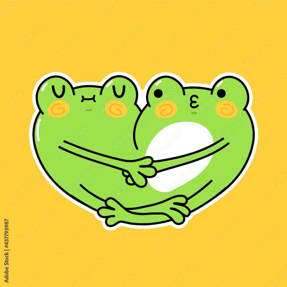 Cute funny frogs couple hugs. Vector hand drawn cartoon kawaii ...