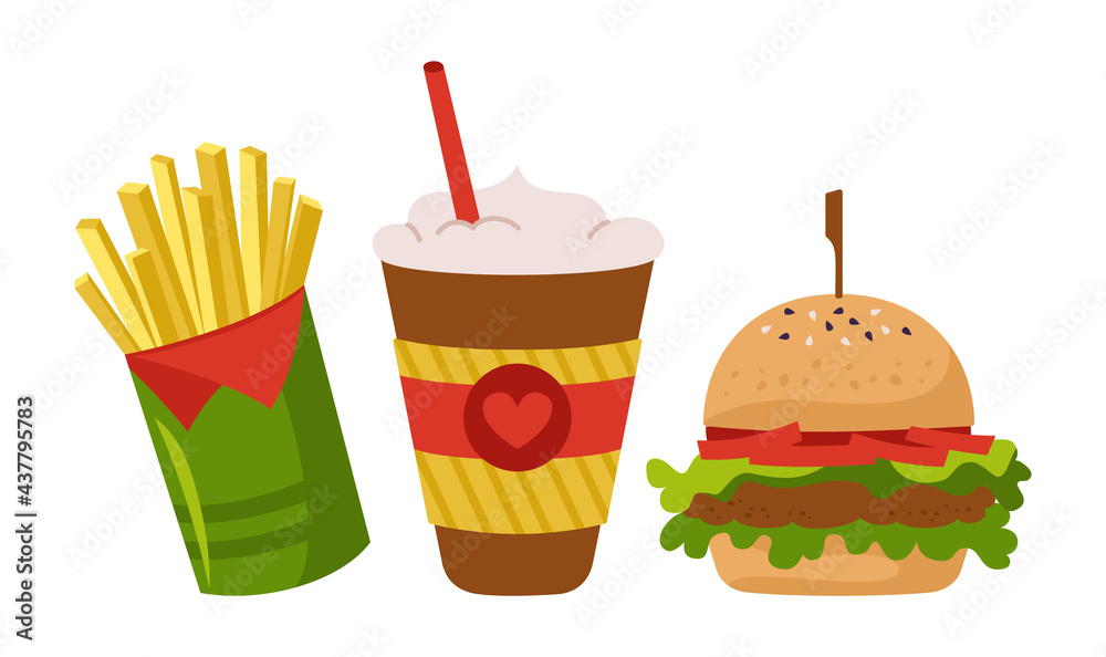 Fast food burger French fries and soda takeaway cartoon set. Hand drawn ...