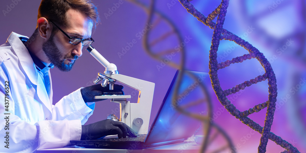 Genetic with a microscope. Male geneticist next to DNA strand. DNA ...