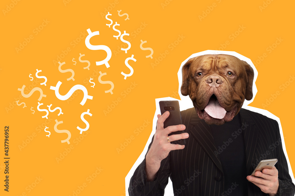 Art portrait of man with a dog head. Concept is greedy or mercantile ...