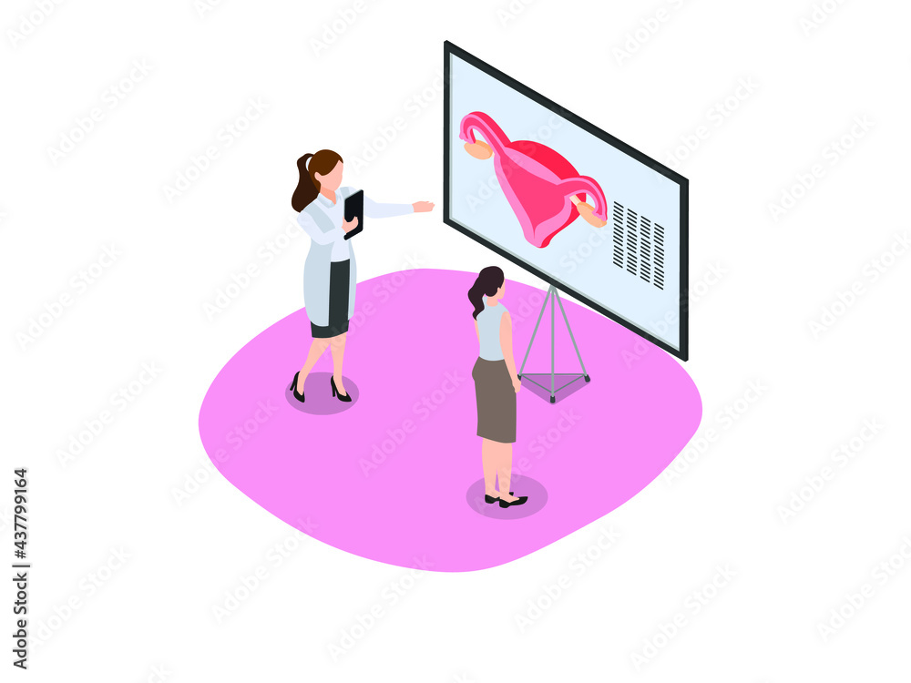 Infertility isometric vector concept. Doctor explaining uterus with ...