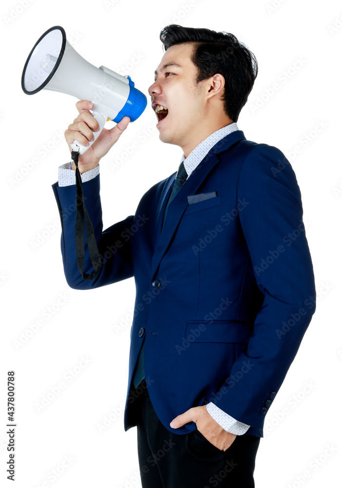 Young attractive asian business man wearing navy blue suit with white ...