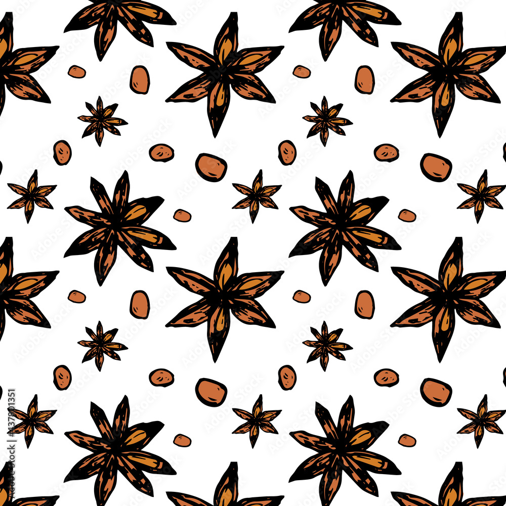 Star Anise hand drawn pattern. Herbs spice brown seamless pattern. White background. Vector ...