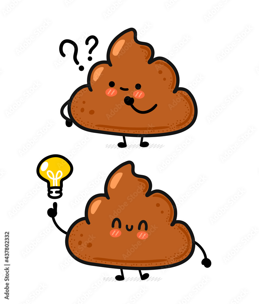 Cute funny happy poop with question mark and idea lightbulb. Vector ...
