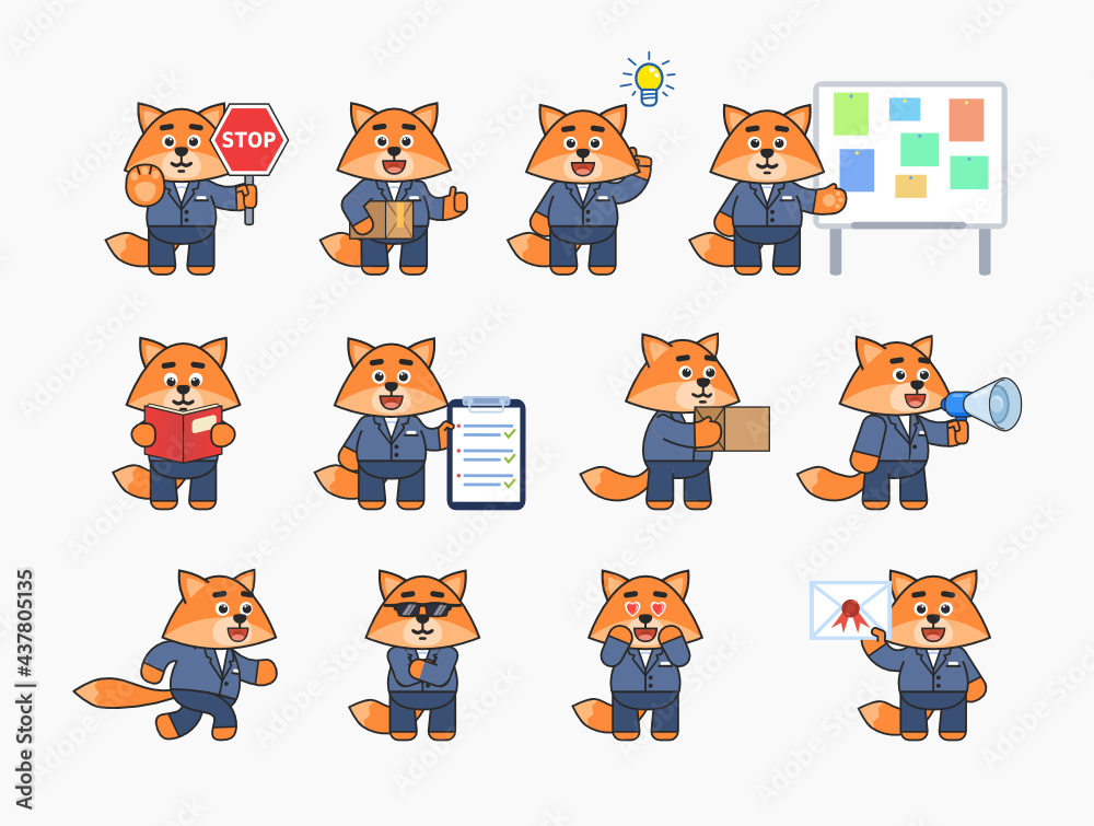 Fox mascot in business suit in various situations. Cute fox holding ...