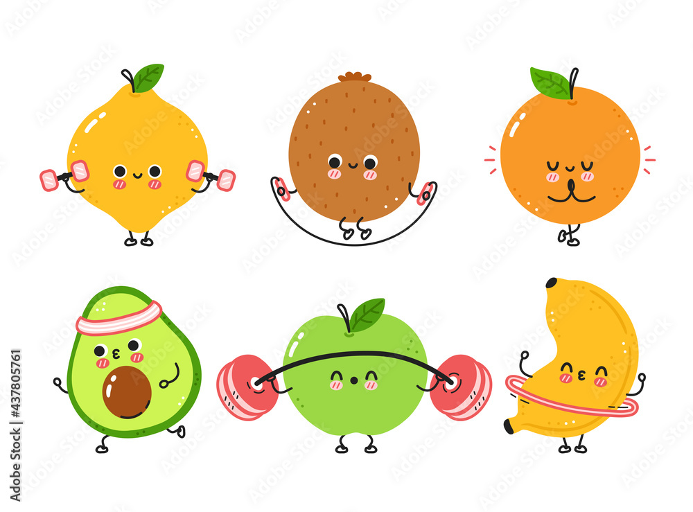 Cute funny fruits make gym set collection. Vector flat line cartoon ...