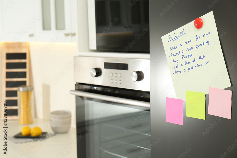 To do list and sticky notes on fridge in kitchen. Space for text Stock ...