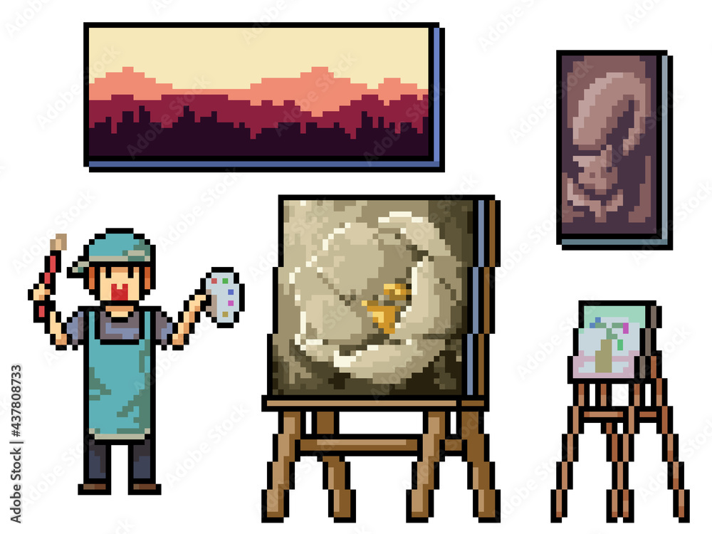 pixel art traditional painting artist Stock Vector | Adobe Stock