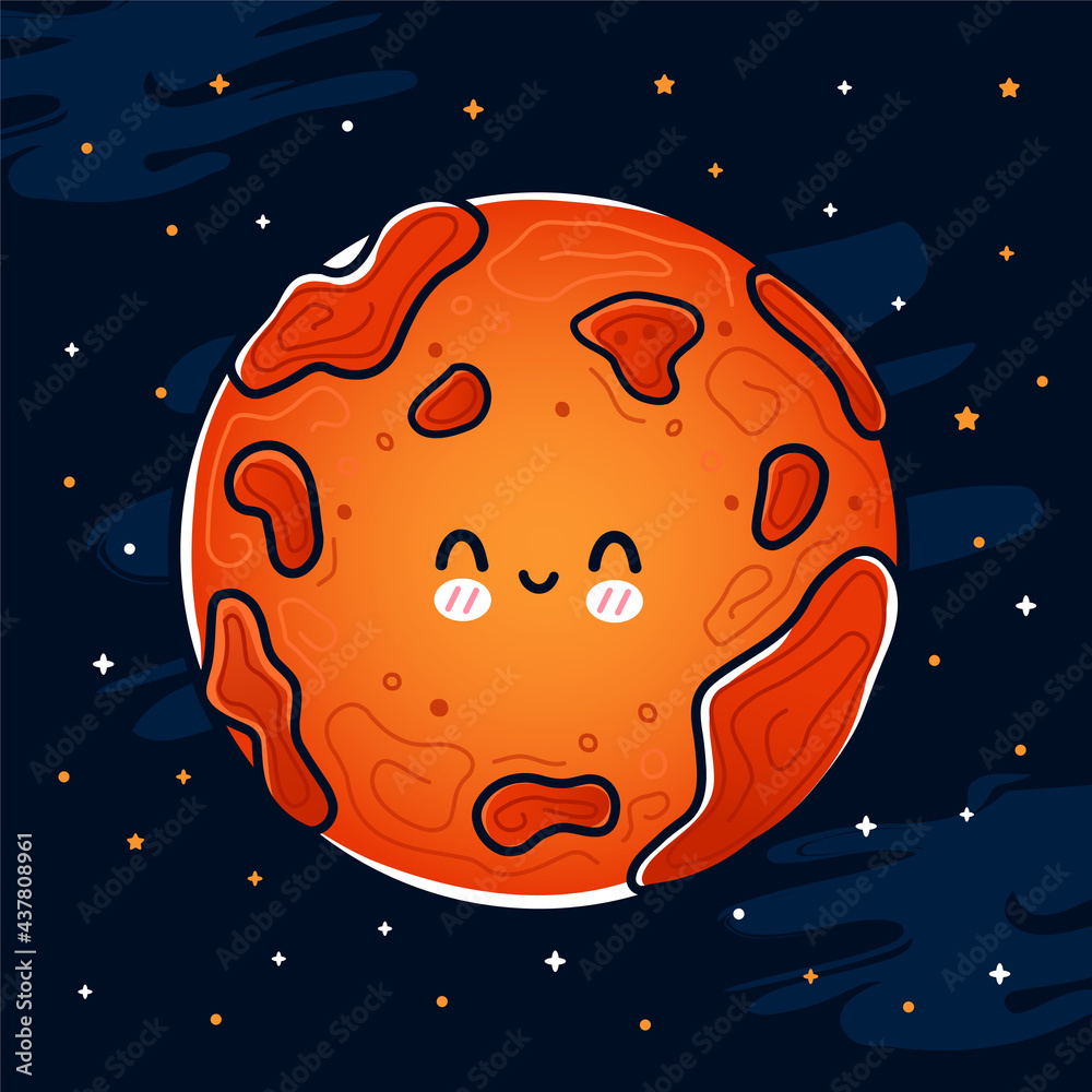 Cute funny happy smile Mars planet in space. Vector hand drawn cartoon ...