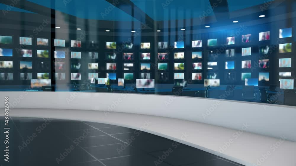 background video for news broadcast. TV broadcast studio control room ...