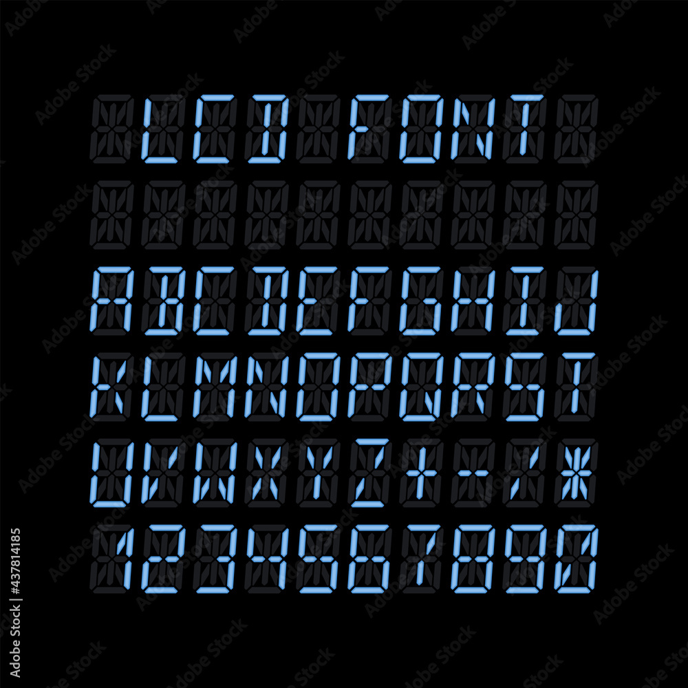 Realistic glowing fourteen segment font with letters and numbers for ...